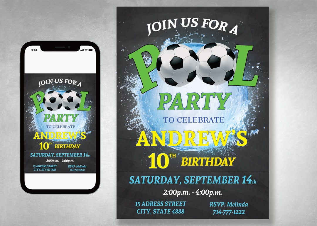 Soccer Pool Party, Birthday Invitation, Soccer Invitation, Splash Party ...