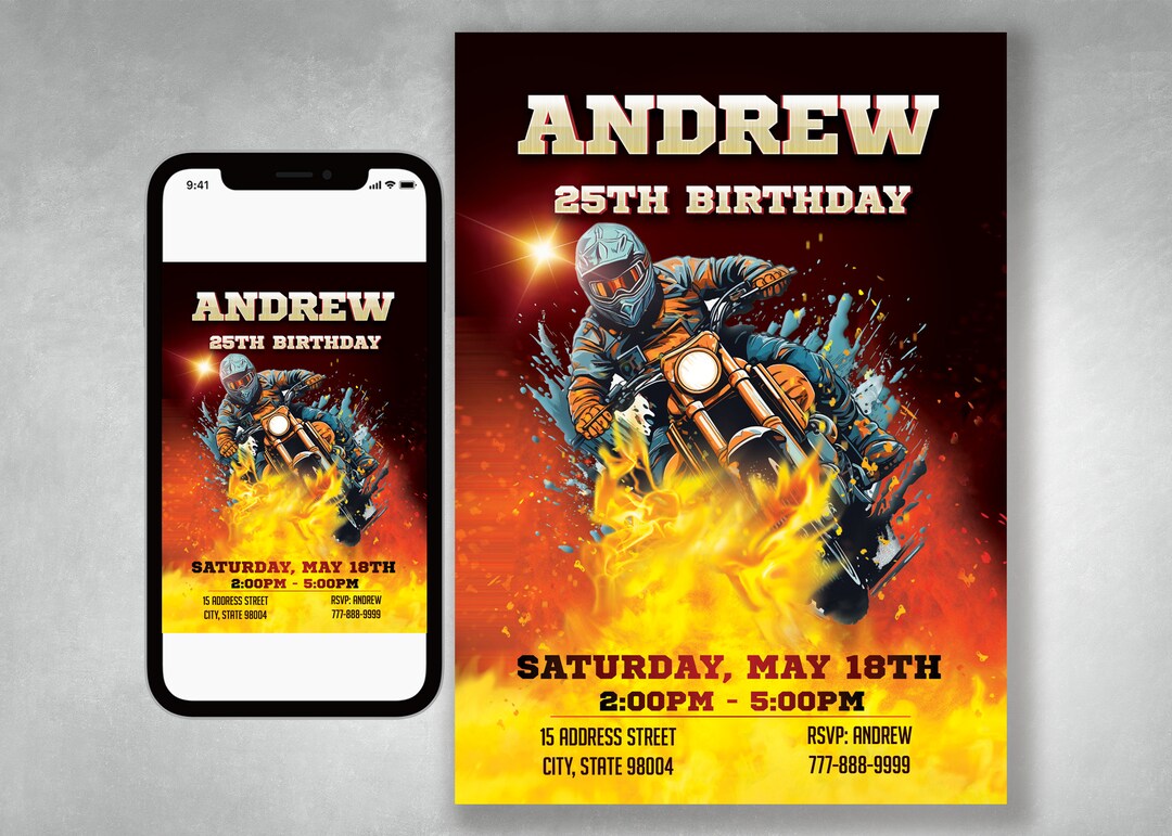 Motocross Birthday Invitation: Fire Motorcycle, Any Age (printable) - Etsy
