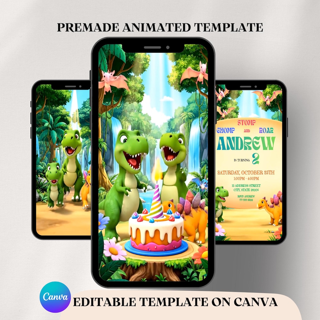 Convite em vídeo com dinossauro | Convite de aniversário editável com T ...