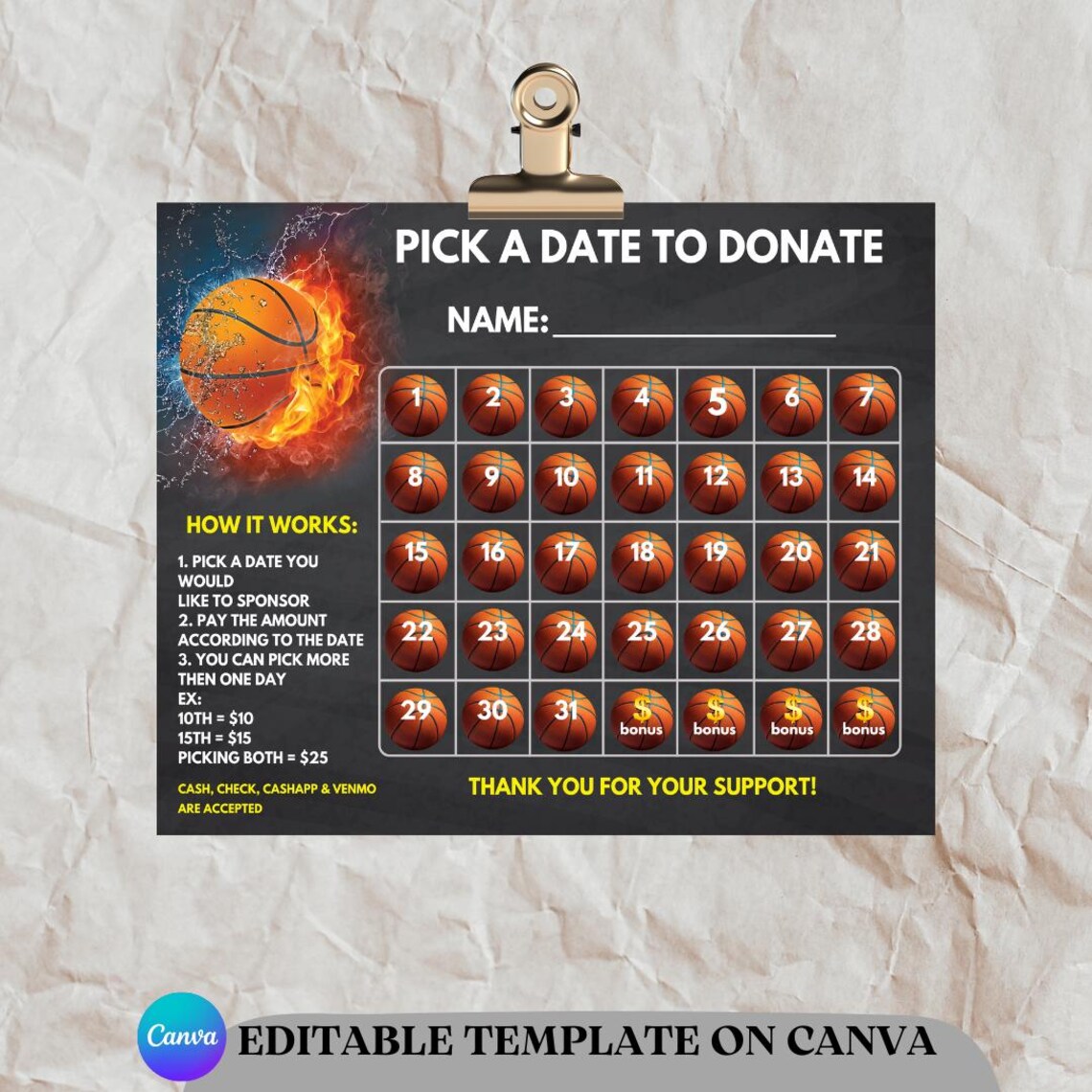 Basketball Fundraiser Calendar | Editable Team Donation Tracker ...