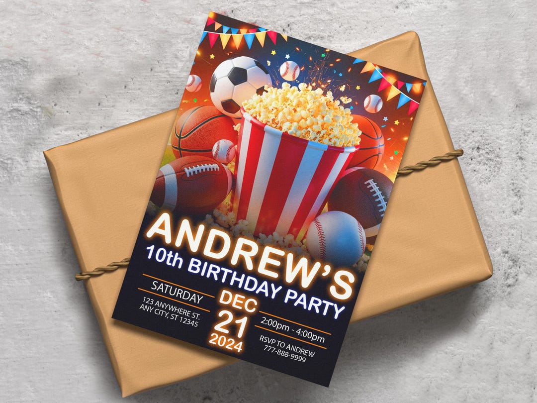 Sports Birthday, Popcorn Invitation Printable, Film Popcorn Party ...
