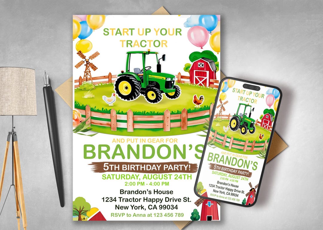 Green Tractor Birthday Invitation: Farm Party Template Invite (digital ...