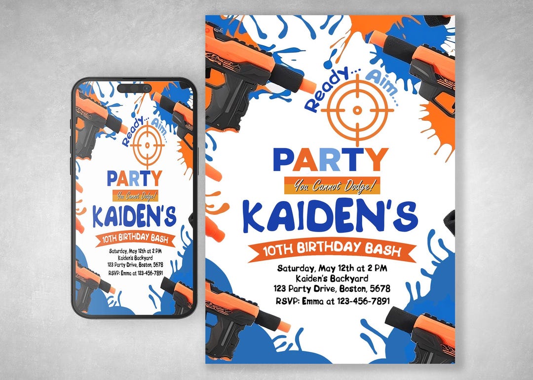 Dart Gun Birthday Printable Invitation, Dart War Birthday Party ...