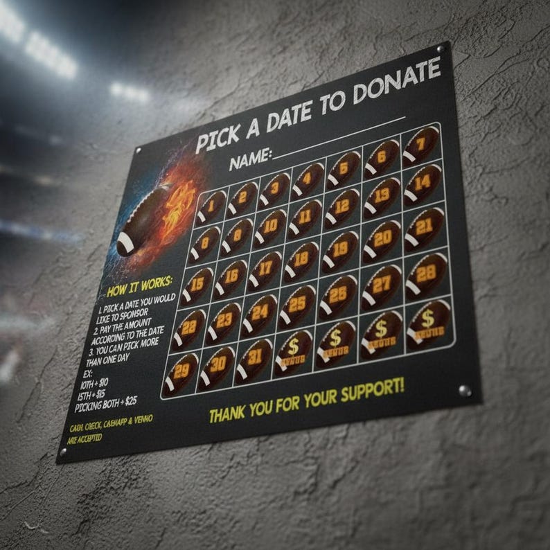 Editable Football Fundraiser Calendar, Pick a Date to Donate, Sport ...