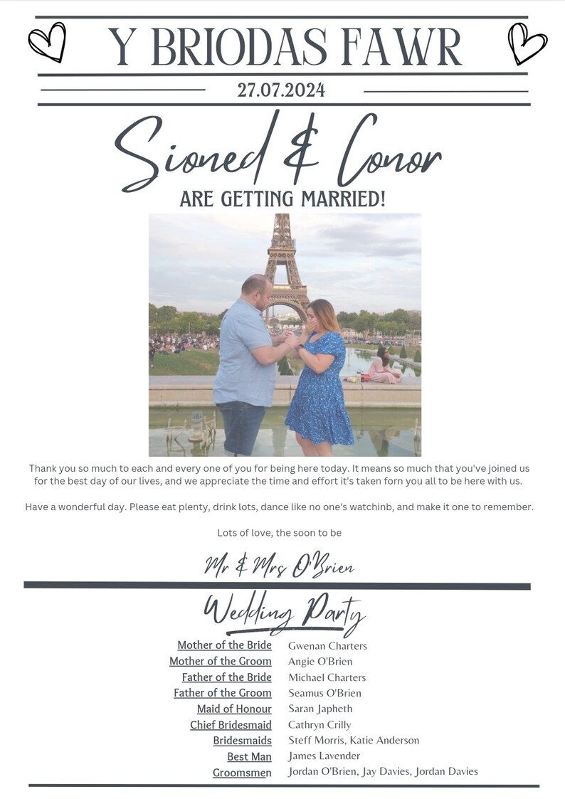 Editable Instant Download Wedding Newspaper Order of the Day - Etsy
