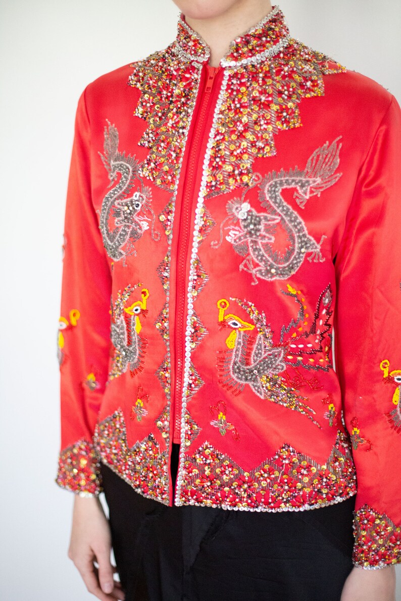 Rare DYNASTY 1960s Beaded Dragon Jacket Sequin Embellished Red Phoenix ...