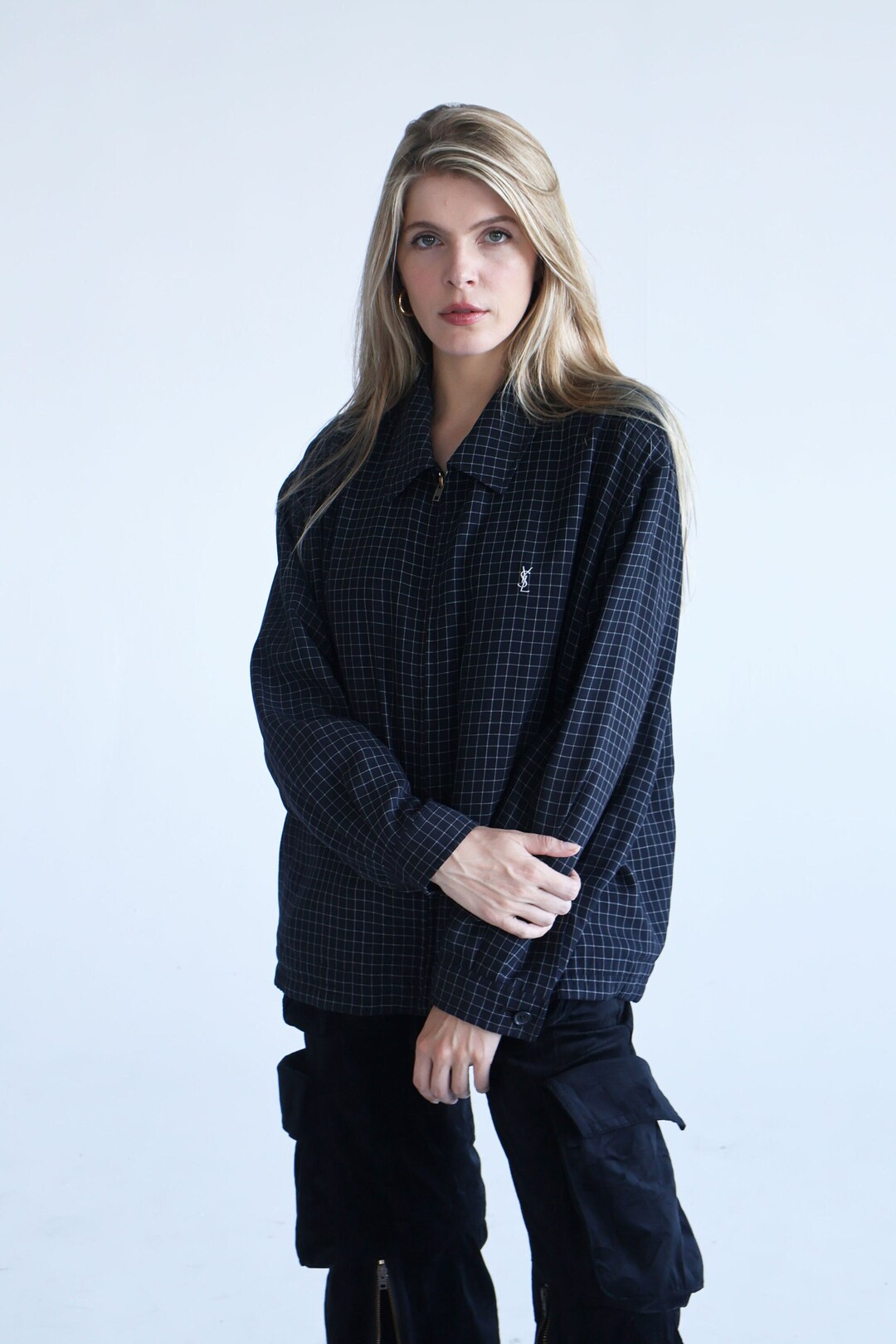 Vintage Yves Saint Laurent Blue Check Print Bomber Jacket With YSL ...