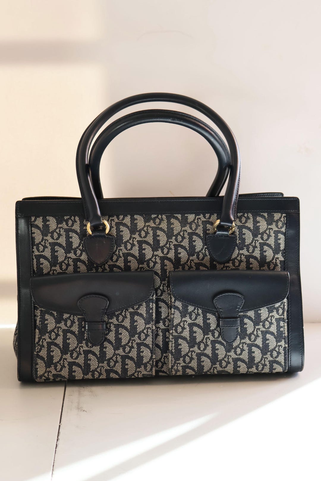 Vintage CHRISTIAN DIOR Navy Double Pocket Trotter Top Handle Tote Bag ...