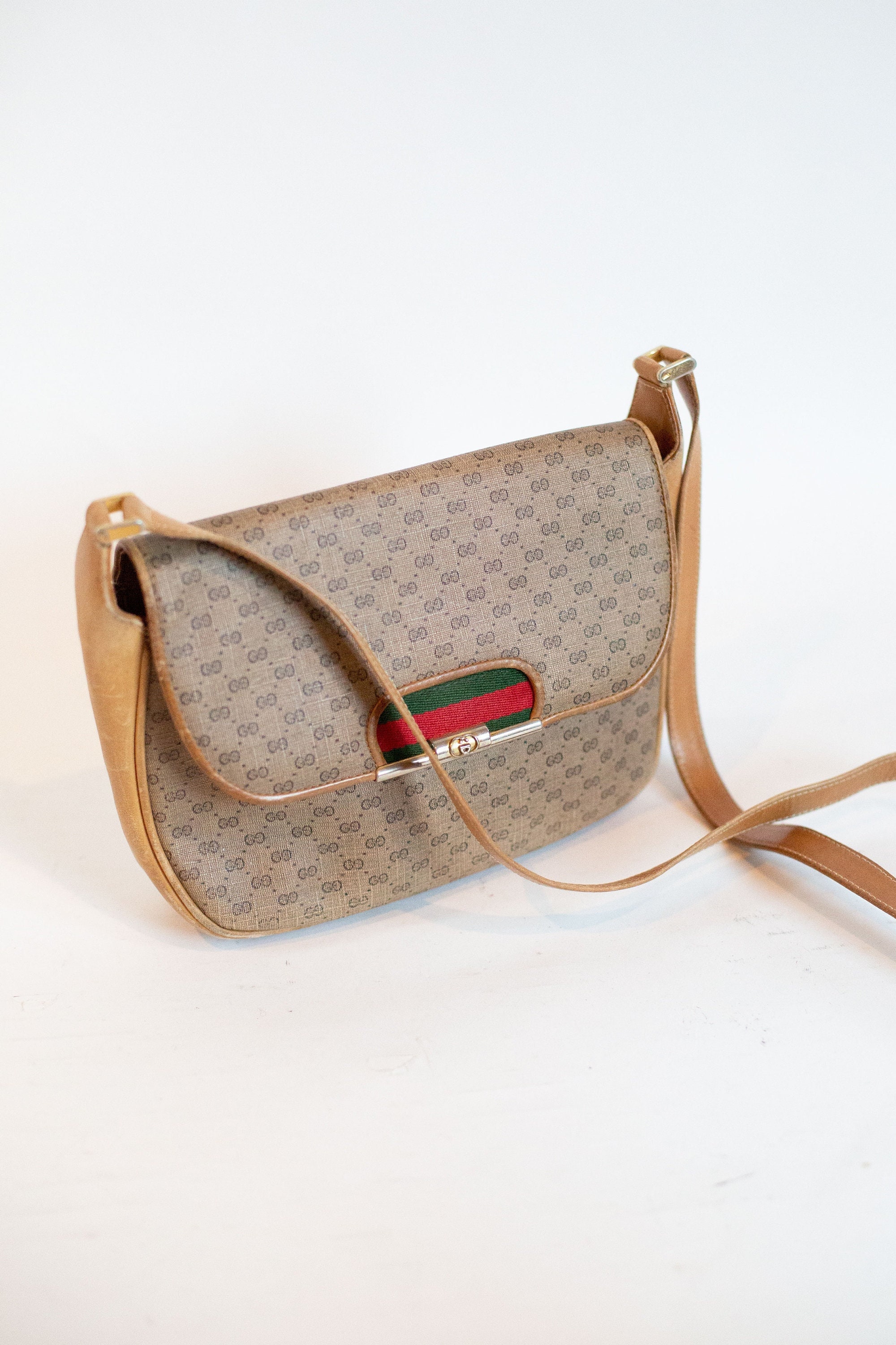 GUCCI 1980s Monogram Small G Leather and Canvas Crossbody GUCCI 1980s Monogram Small G Leather and Canvas Crossbody