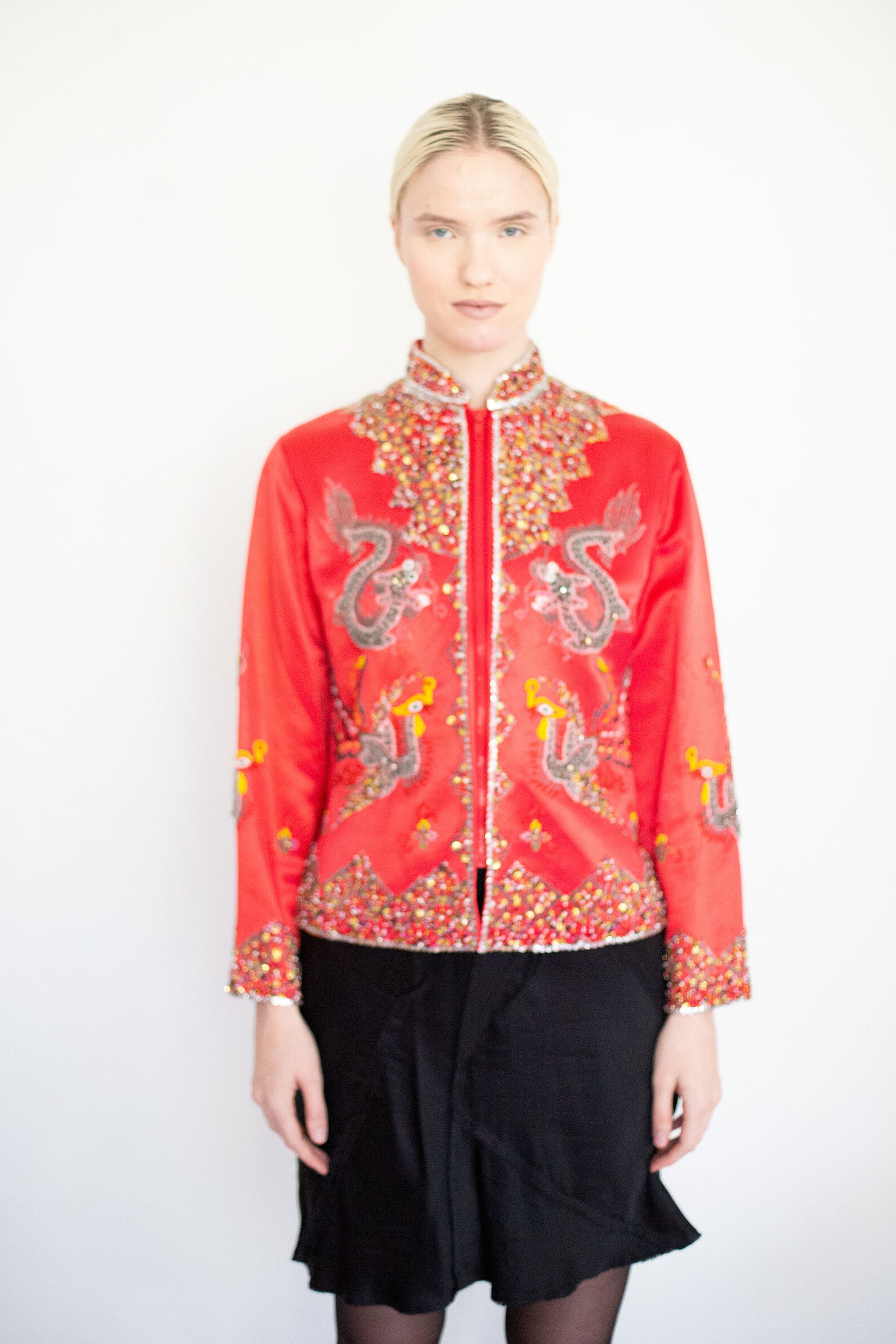 Rare DYNASTY 1960s Beaded Dragon Jacket Sequin Embellished Red Phoenix ...