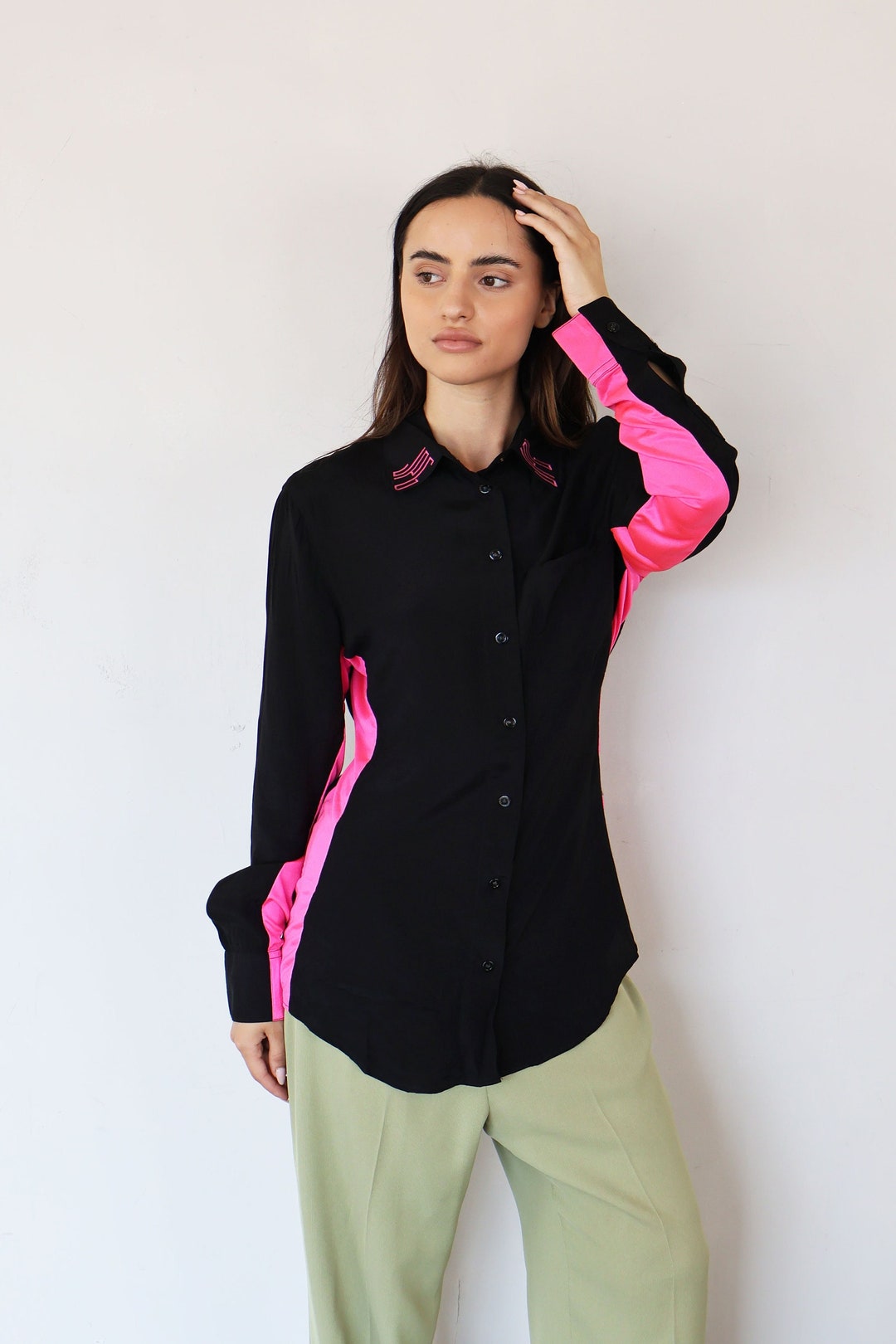 Vintage Jean Paul Gaultier Black + Hot Pink Button Down With Logo ...