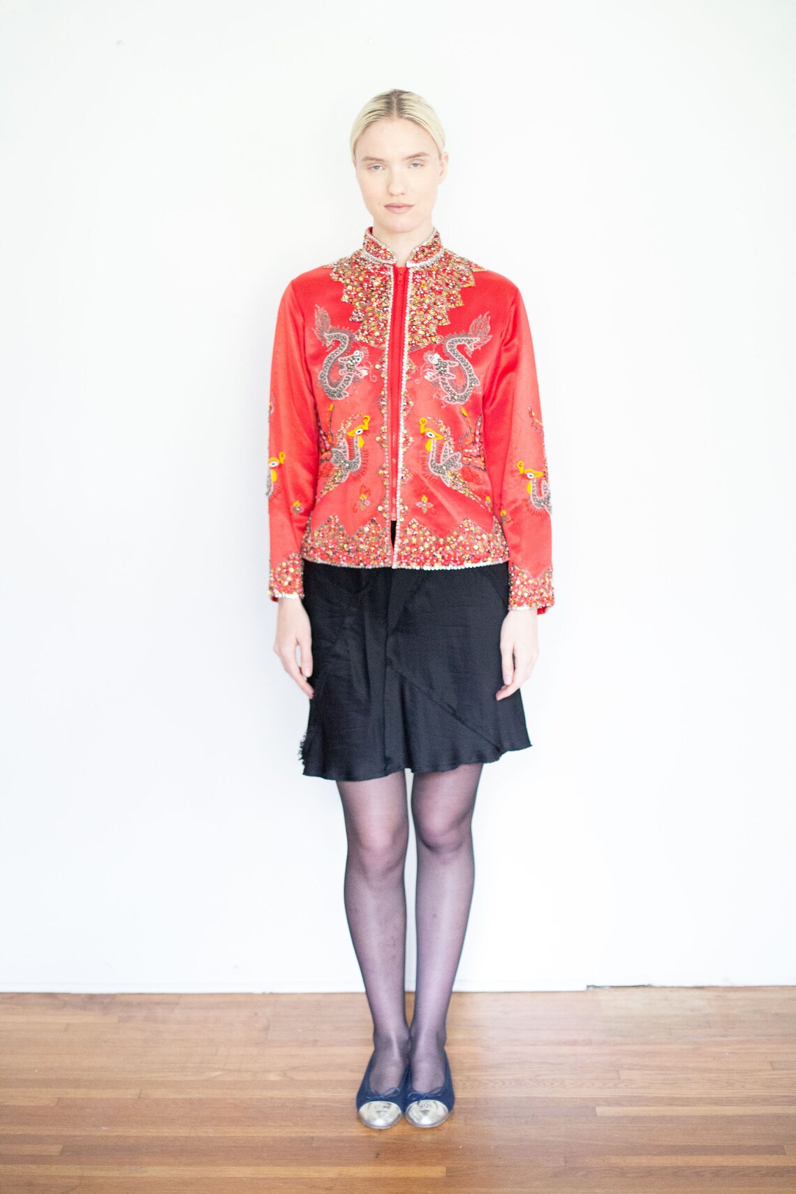 Rare DYNASTY 1960s Beaded Dragon Jacket Sequin Embellished Red Phoenix ...