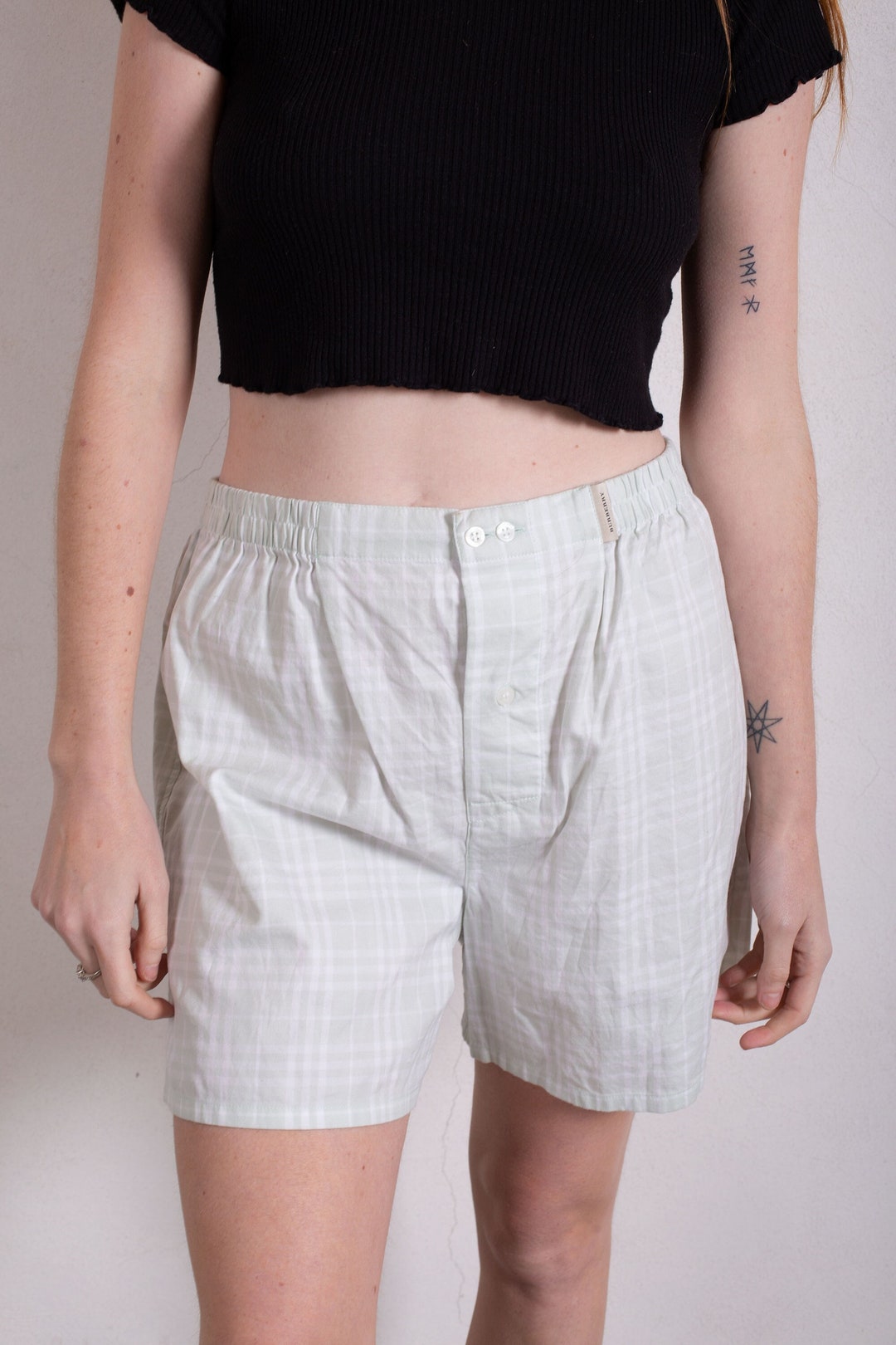 BURBERRY LONDON Vintage Plaid Green and White Cotton Slouchy Boxers Sz ...