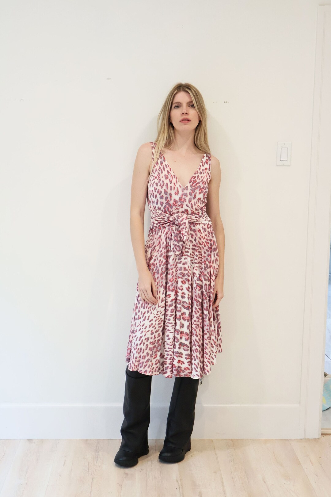 Vintage ROBERTO CAVALLI Y2K Pink Leopard Jersey Umpire Waist Dress With ...