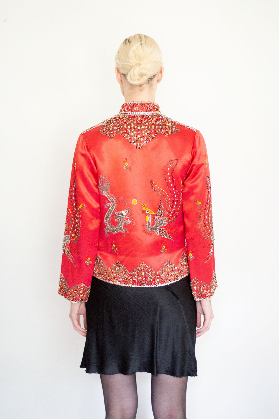 Rare DYNASTY 1960s Beaded Dragon Jacket Sequin Embellished Red Phoenix ...