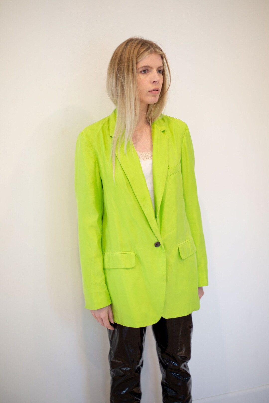 Dries Van Noten Bright Lime Green Pongee Silk + Cotton Blazer Y2K Slime ...