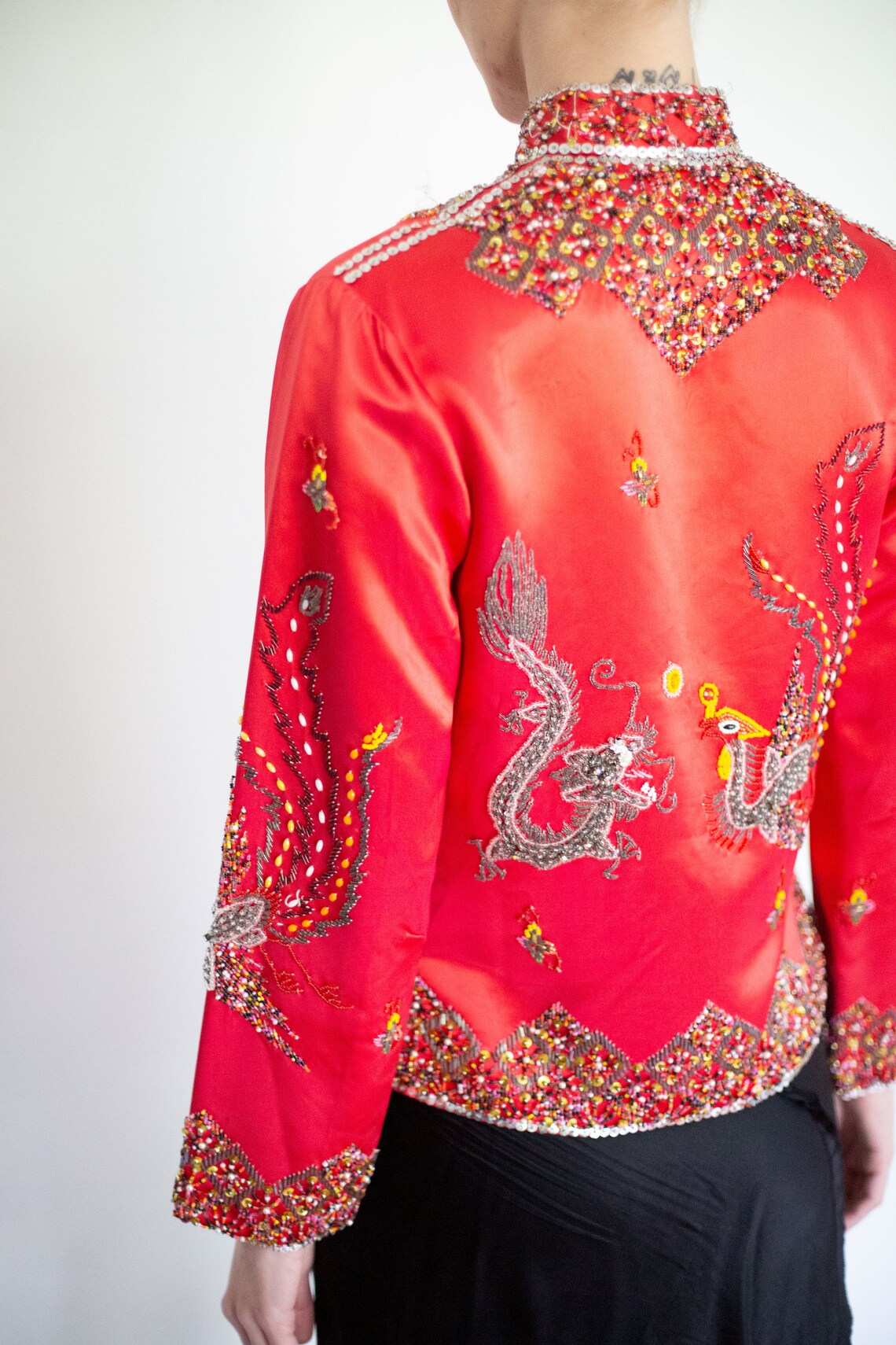 Rare DYNASTY 1960s Beaded Dragon Jacket Sequin Embellished Red Phoenix ...