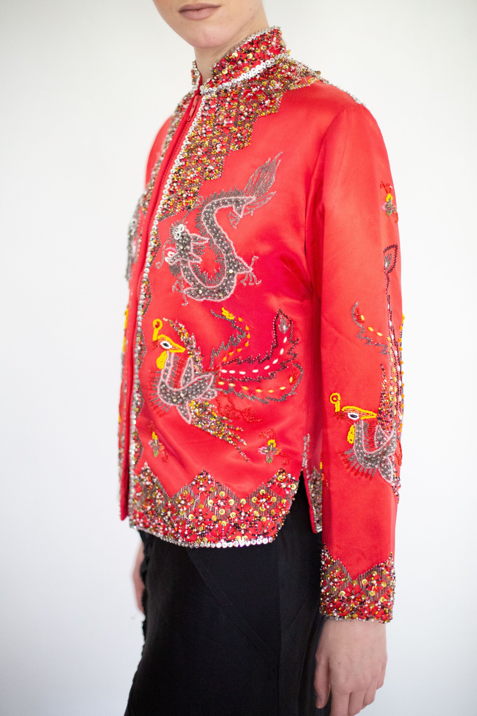 Rare DYNASTY 1960s Beaded Dragon Jacket Sequin Embellished Red Phoenix ...