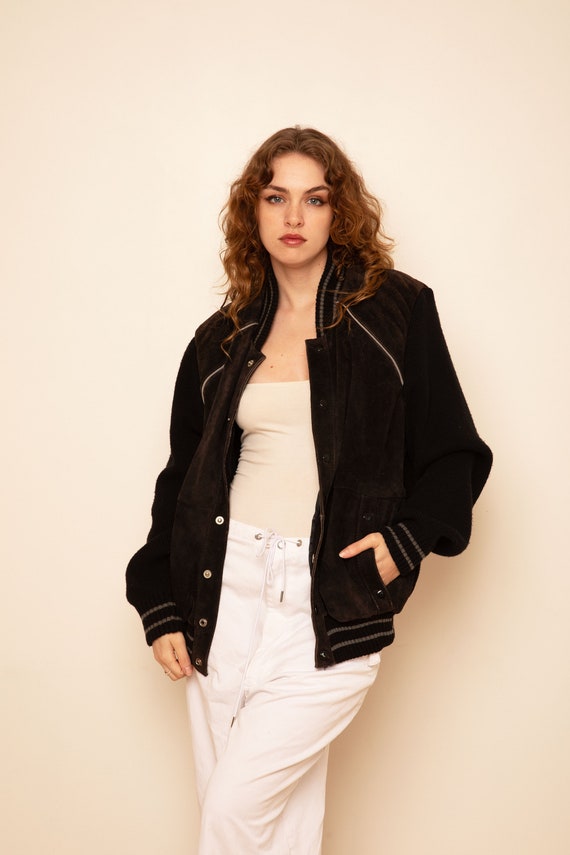 Vintage Knit + Suede Oversized Varsity Bomber Jacket … - Gem
