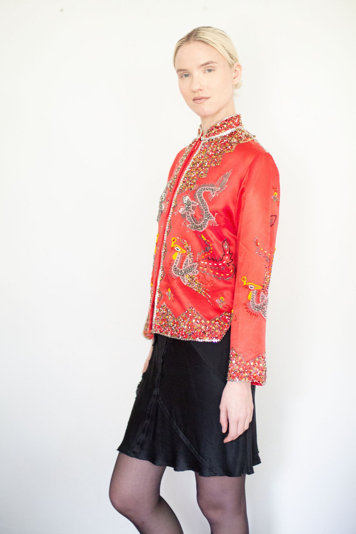 Rare DYNASTY 1960s Beaded Dragon Jacket Sequin Embellished Red Phoenix ...