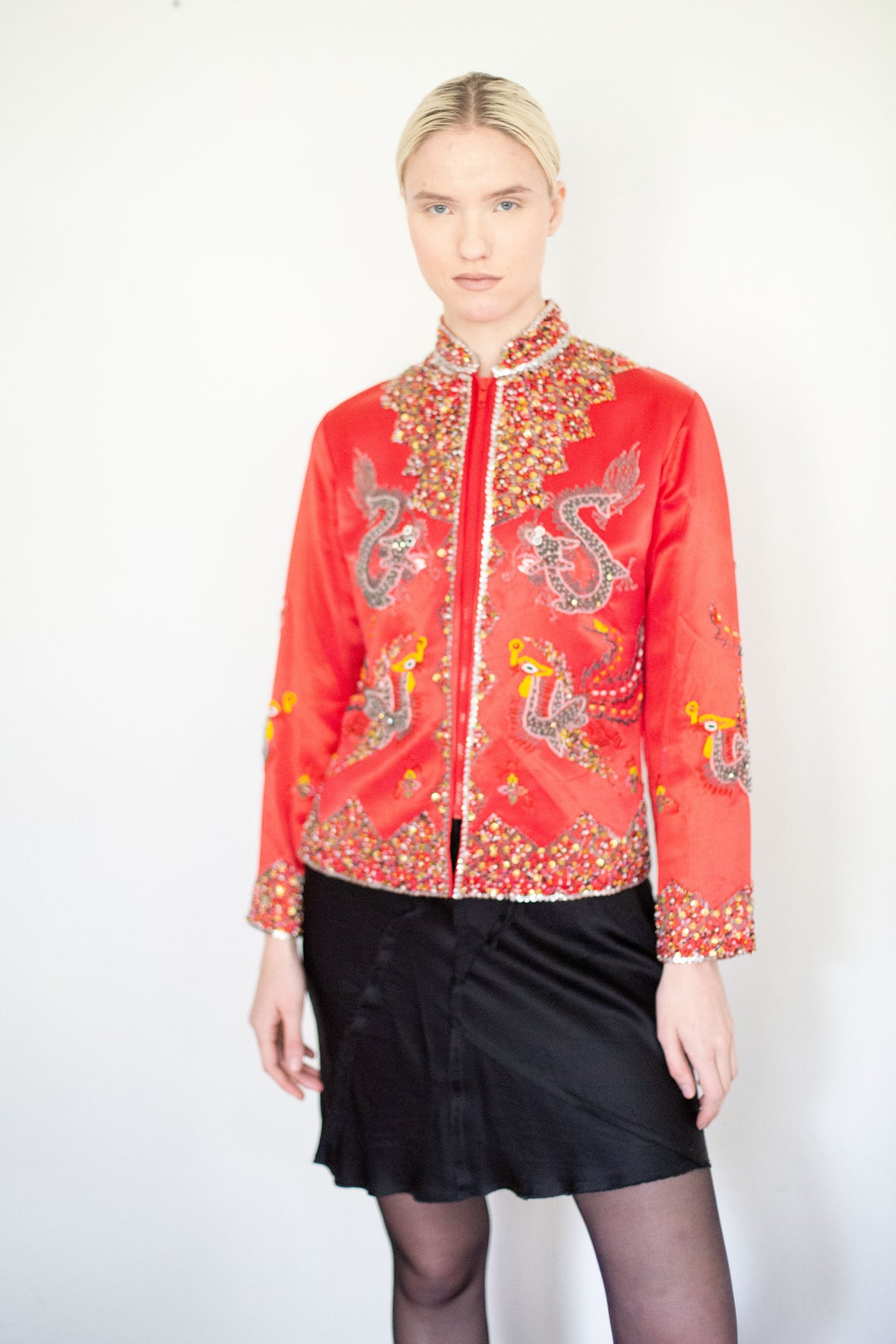 Rare DYNASTY 1960s Beaded Dragon Jacket Sequin Embellished Red Phoenix ...