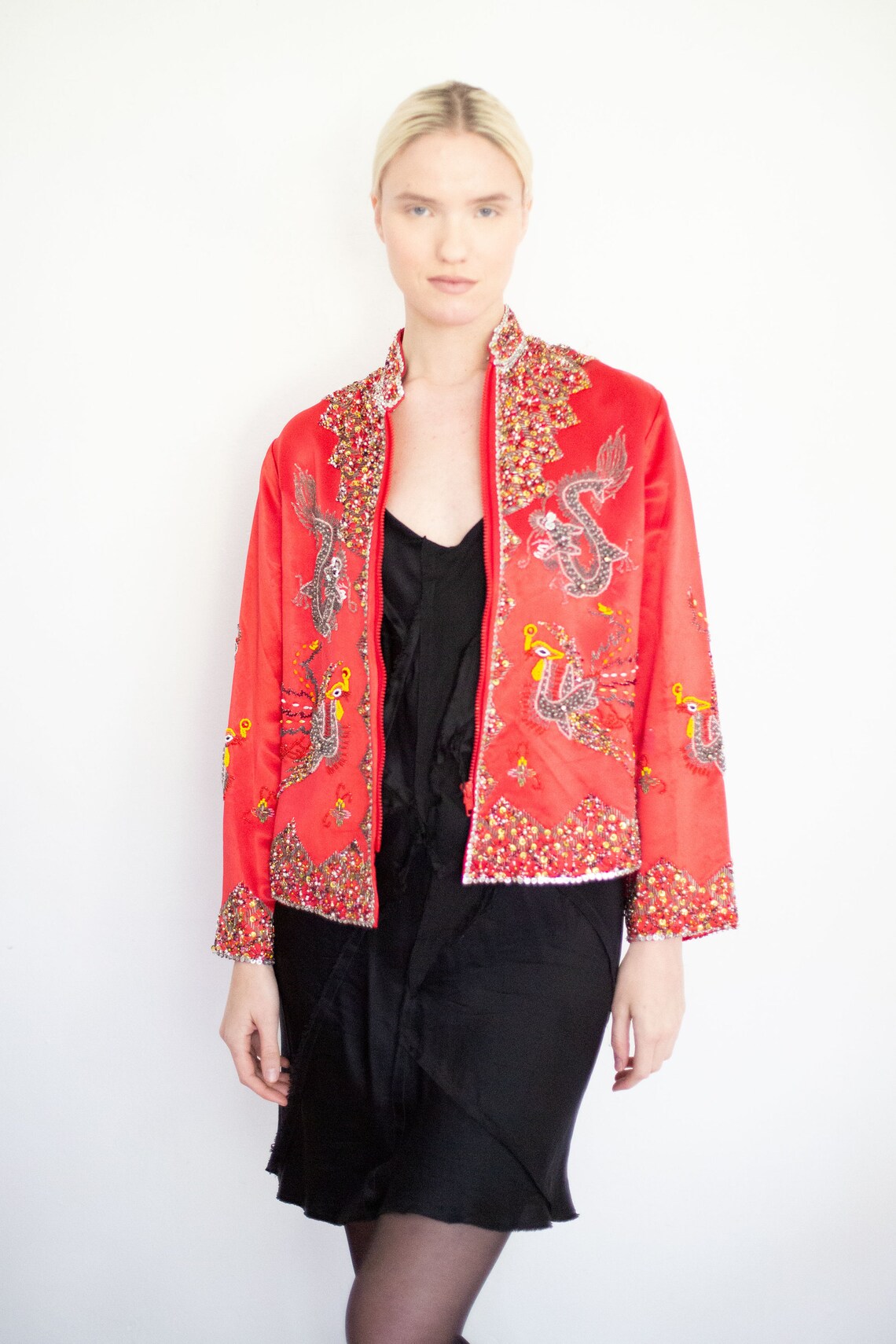 Rare DYNASTY 1960s Beaded Dragon Jacket Sequin Embellished Red Phoenix ...