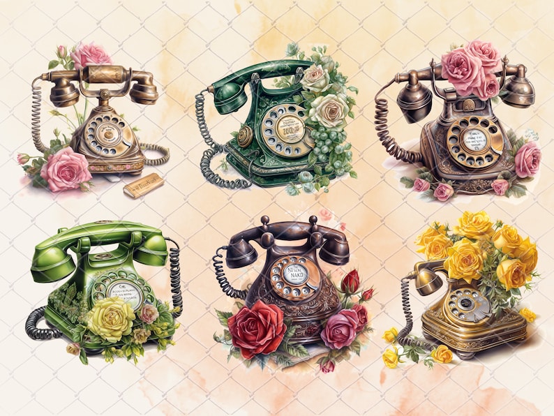 Vintage Rotary Phone Watercolor Png Clipart Bundle, Digital Download ...