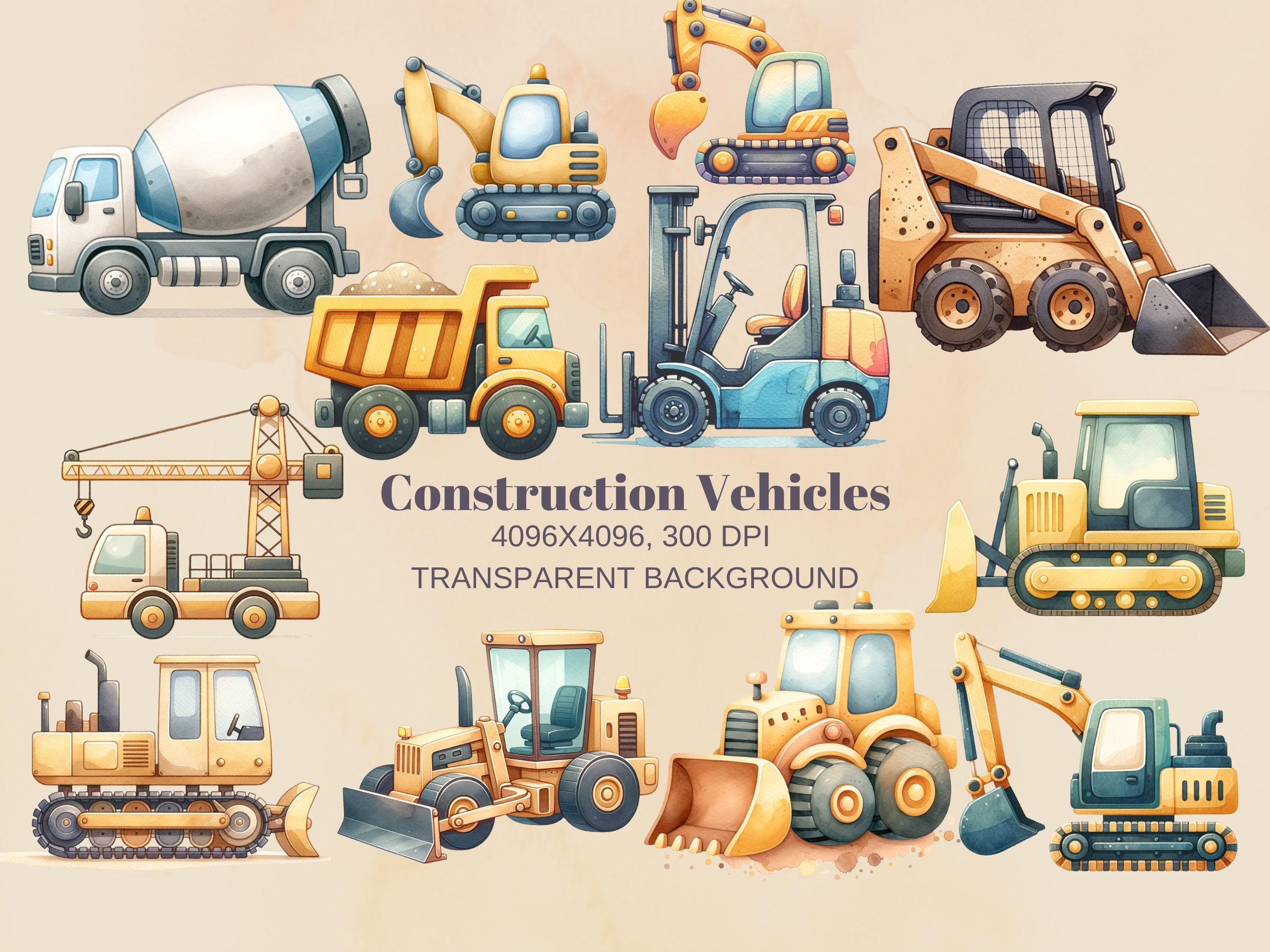 Construction Vehicles Png, Kids Clipart, Watercolor Cars Clipart ...