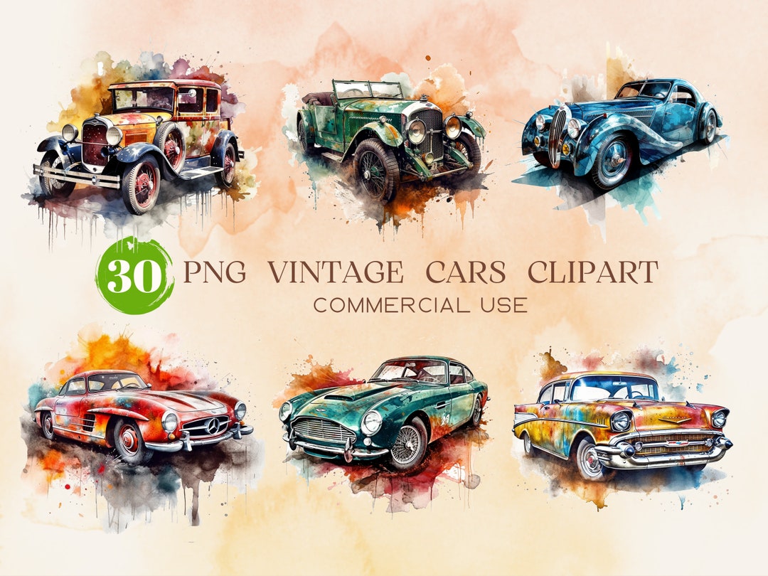 Vintage Cars Watercolor Clipart Collection - 30 High-quality Classic ...