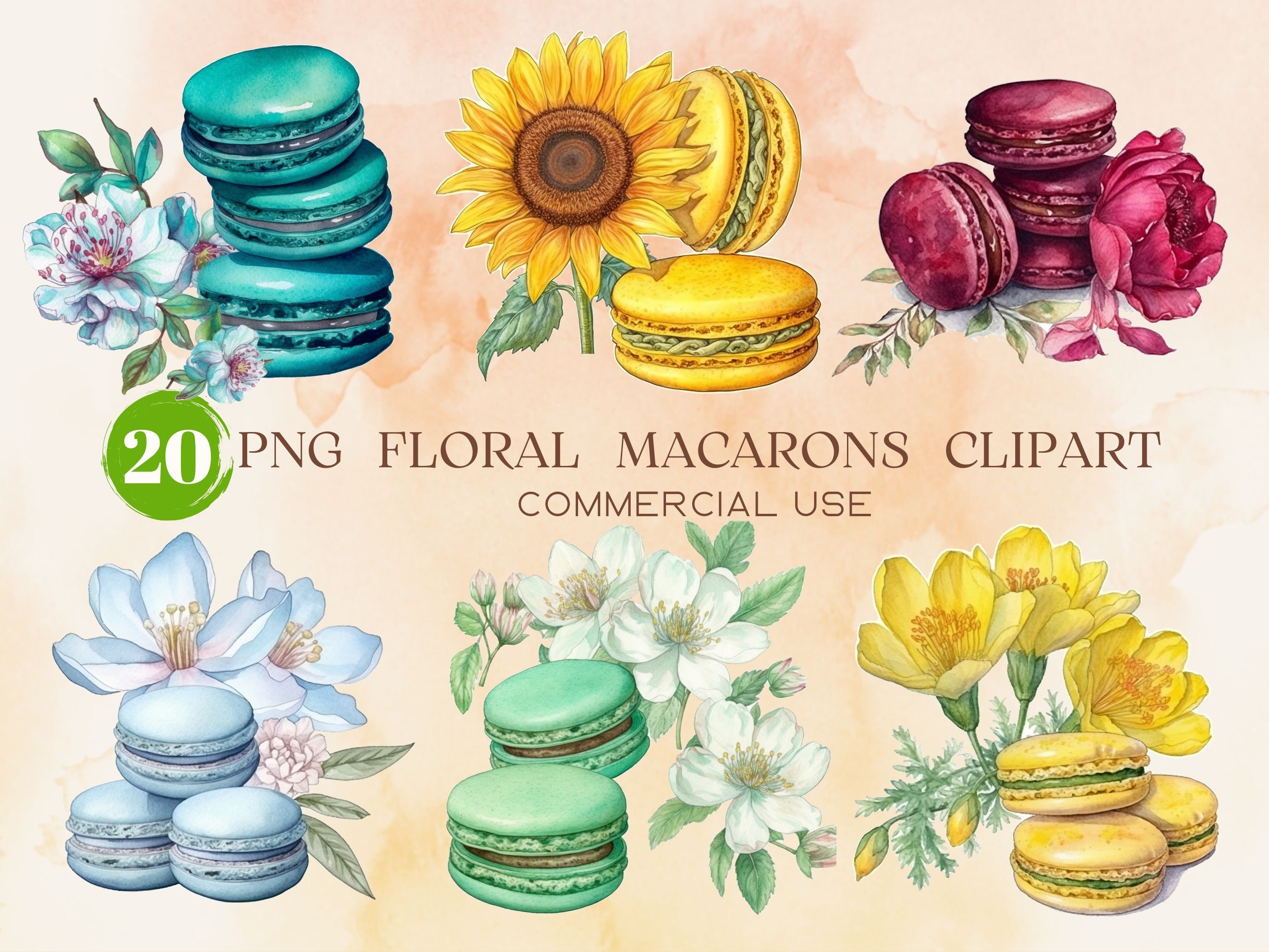 Floral Macaron Watercolor Clipart PNG Bundle, Bakery Clipart, Dessert ...