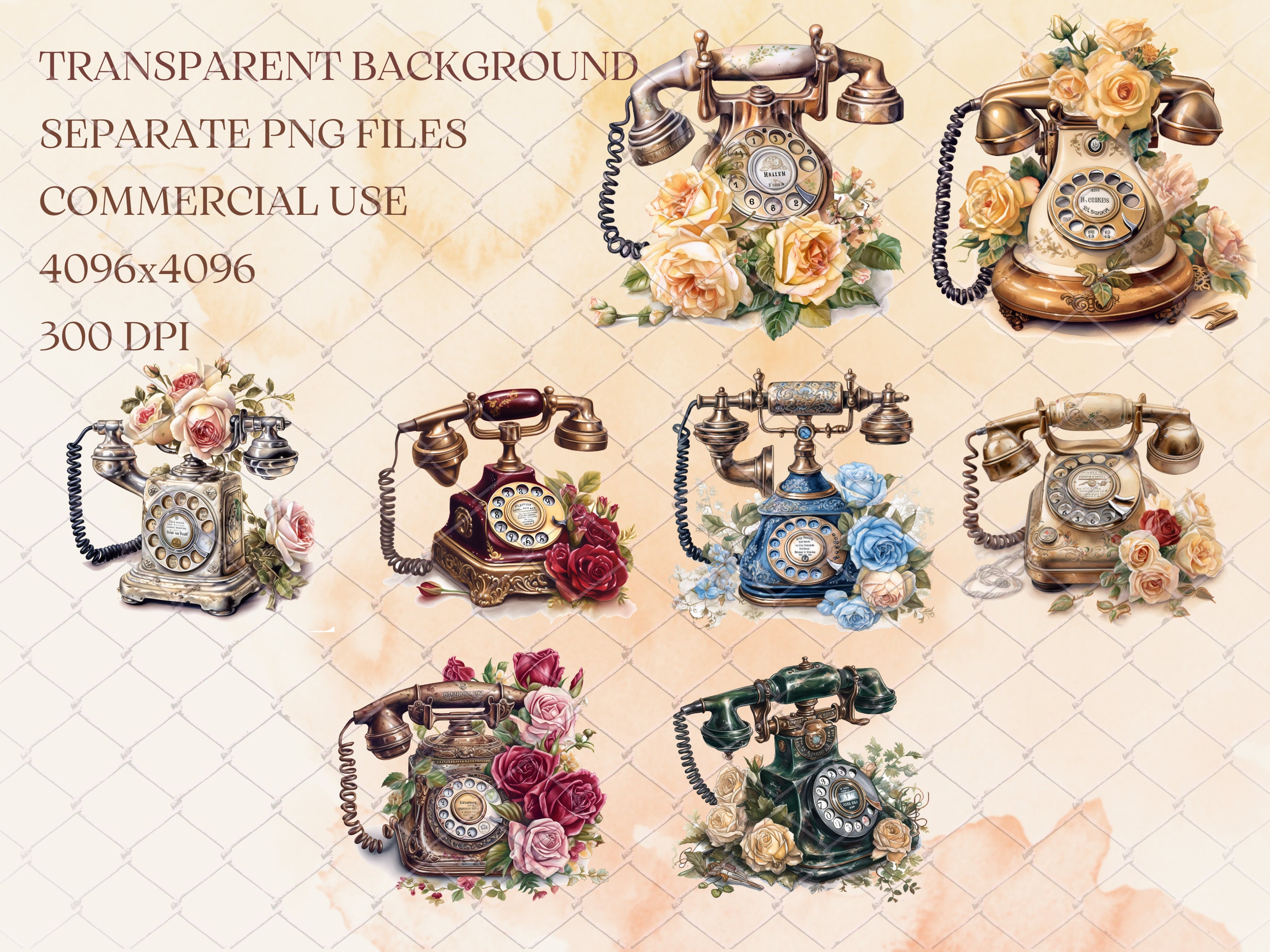 Vintage Rotary Phone Watercolor Png Clipart Bundle, Digital Download ...