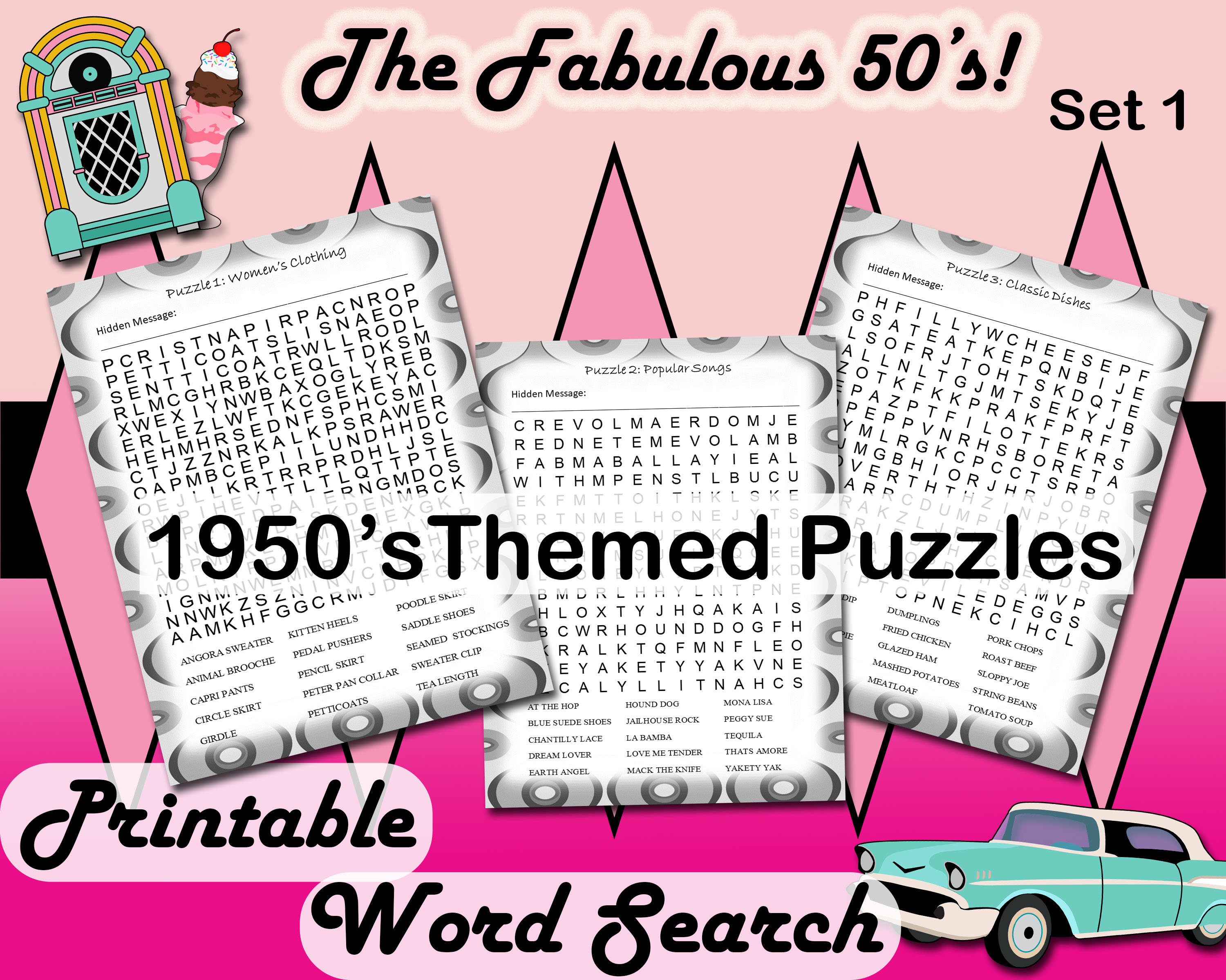 1950s Word Search | 20 Printable Puzzles & Answers (PDF Download) - Etsy