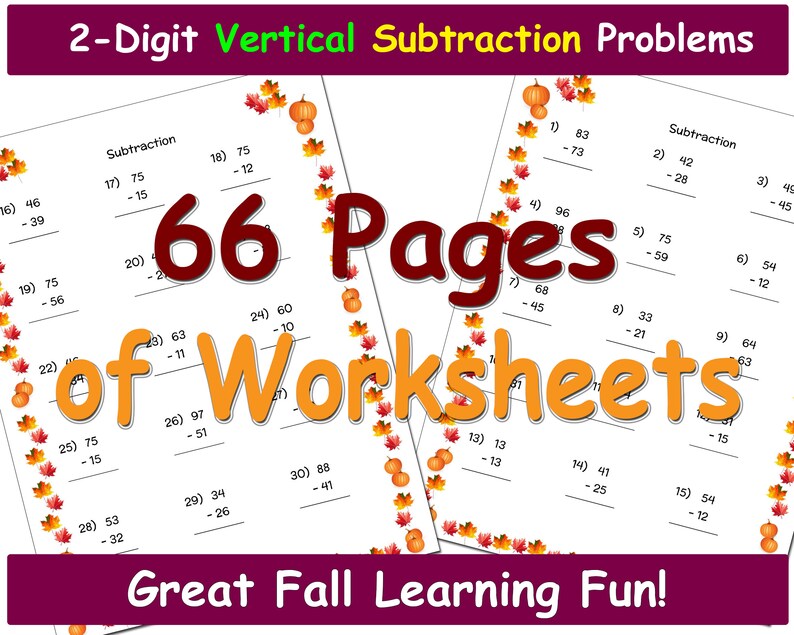 Printable Subtract Worksheets, Ages 7-9 | Fall Theme Double Digit Add ...