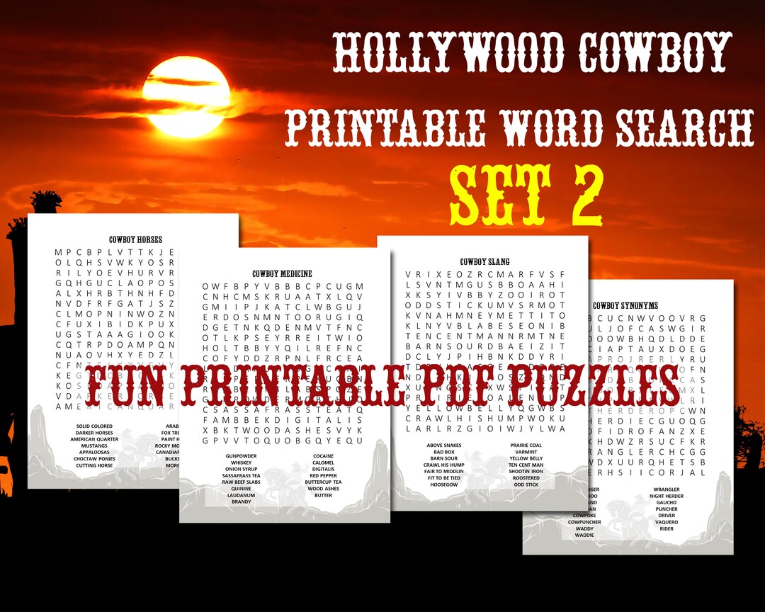 Hollywood Cowboy Printable Word Search PDF Game | Set 2 | 20 Puzzles ...