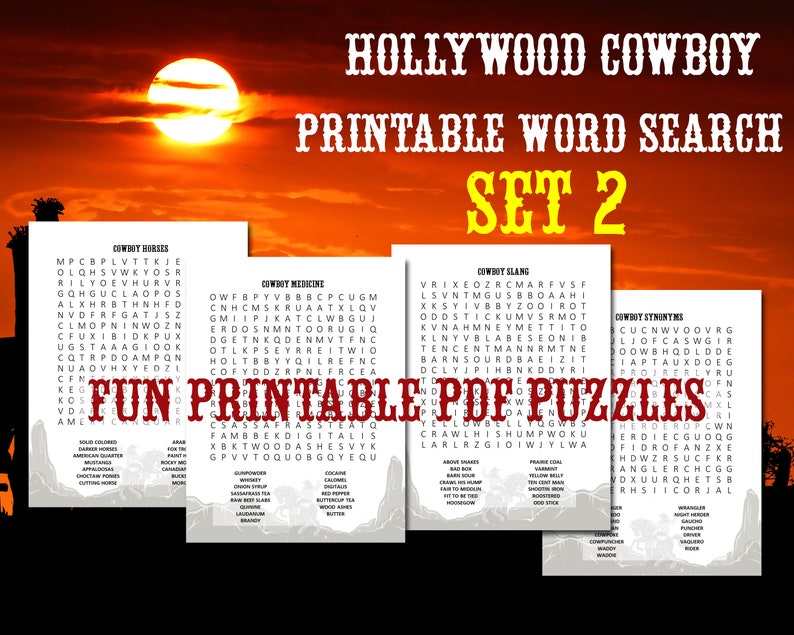 Hollywood Cowboy Printable Word Search PDF Game | Set 2 | 20 Puzzles ...