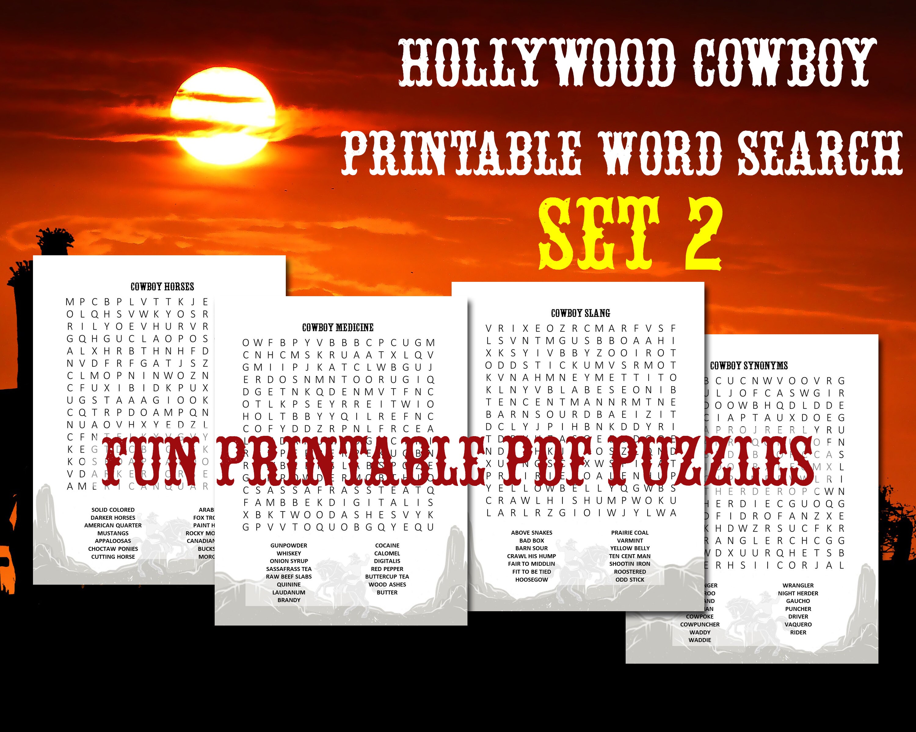 Hollywood Cowboy Printable Word Search PDF Game Set 2 20 Puzzles ...