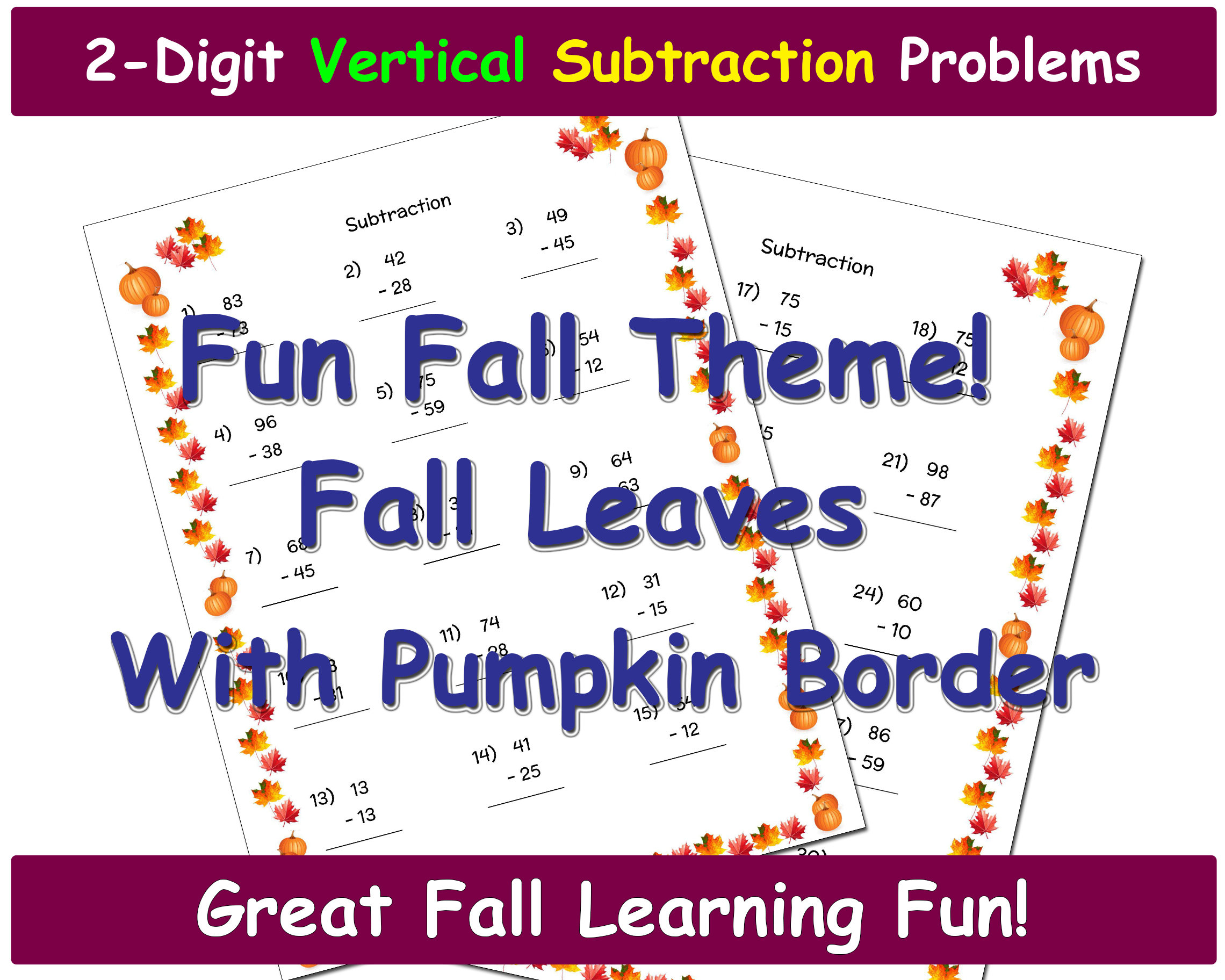 Printable Subtract Worksheets, Ages 7-9 Fall Theme Double Digit Add ...