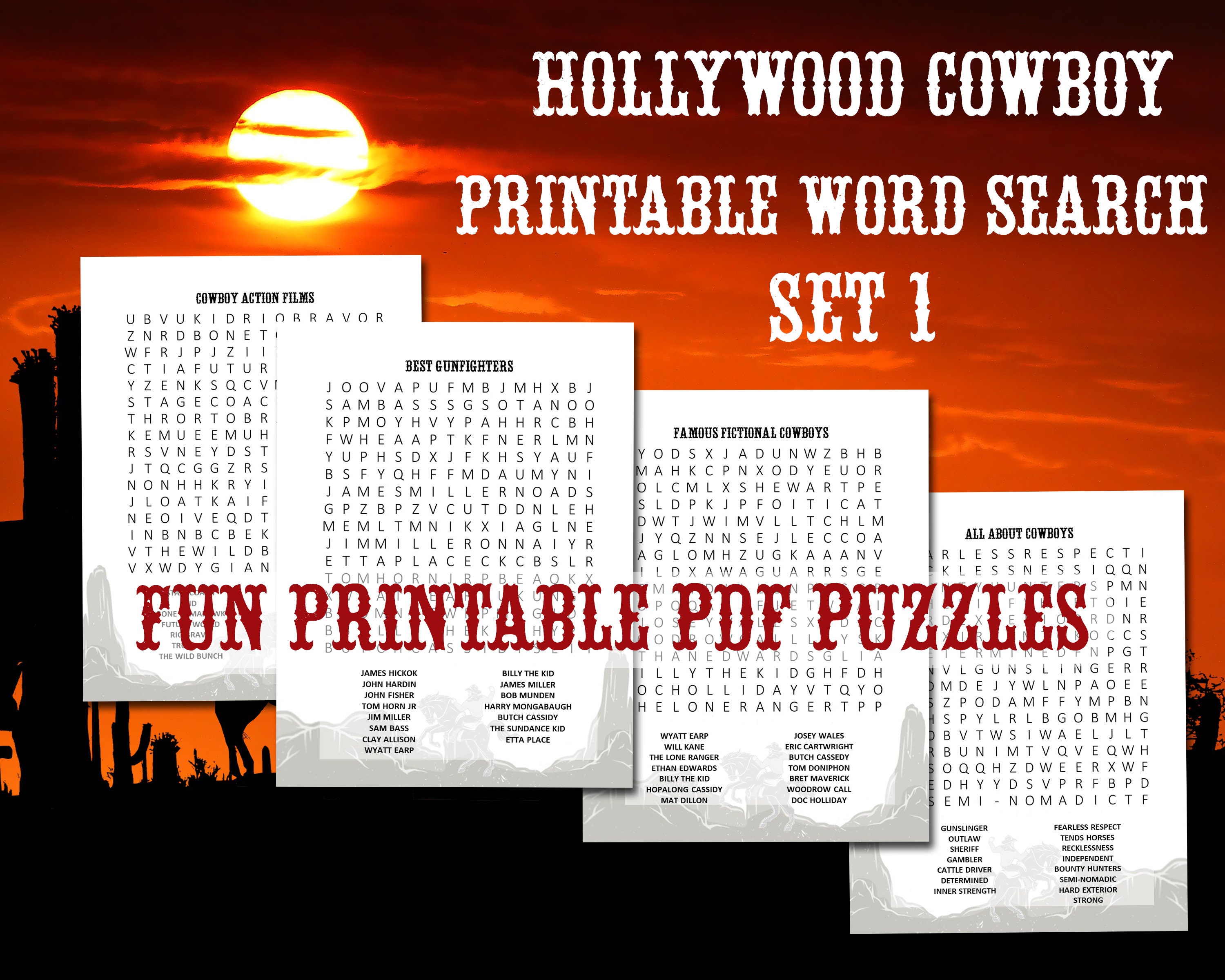 Hollywood Cowboy Printable Word Search PDF Game | Set 1 | 20 Puzzles ...
