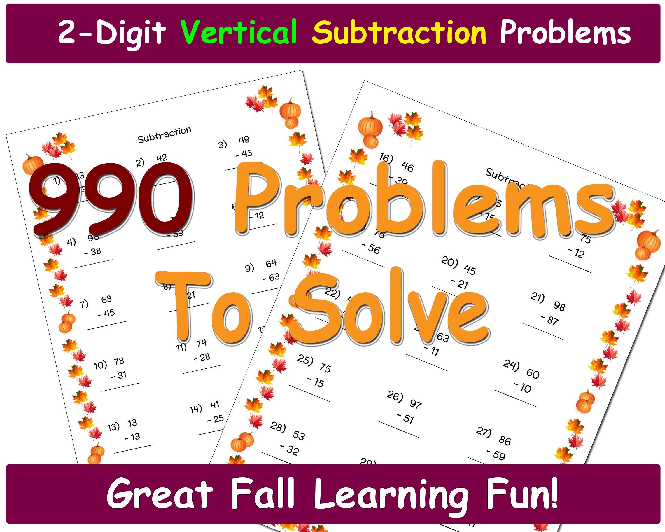 Printable Subtract Worksheets, Ages 7-9 Fall Theme Double Digit Add ...
