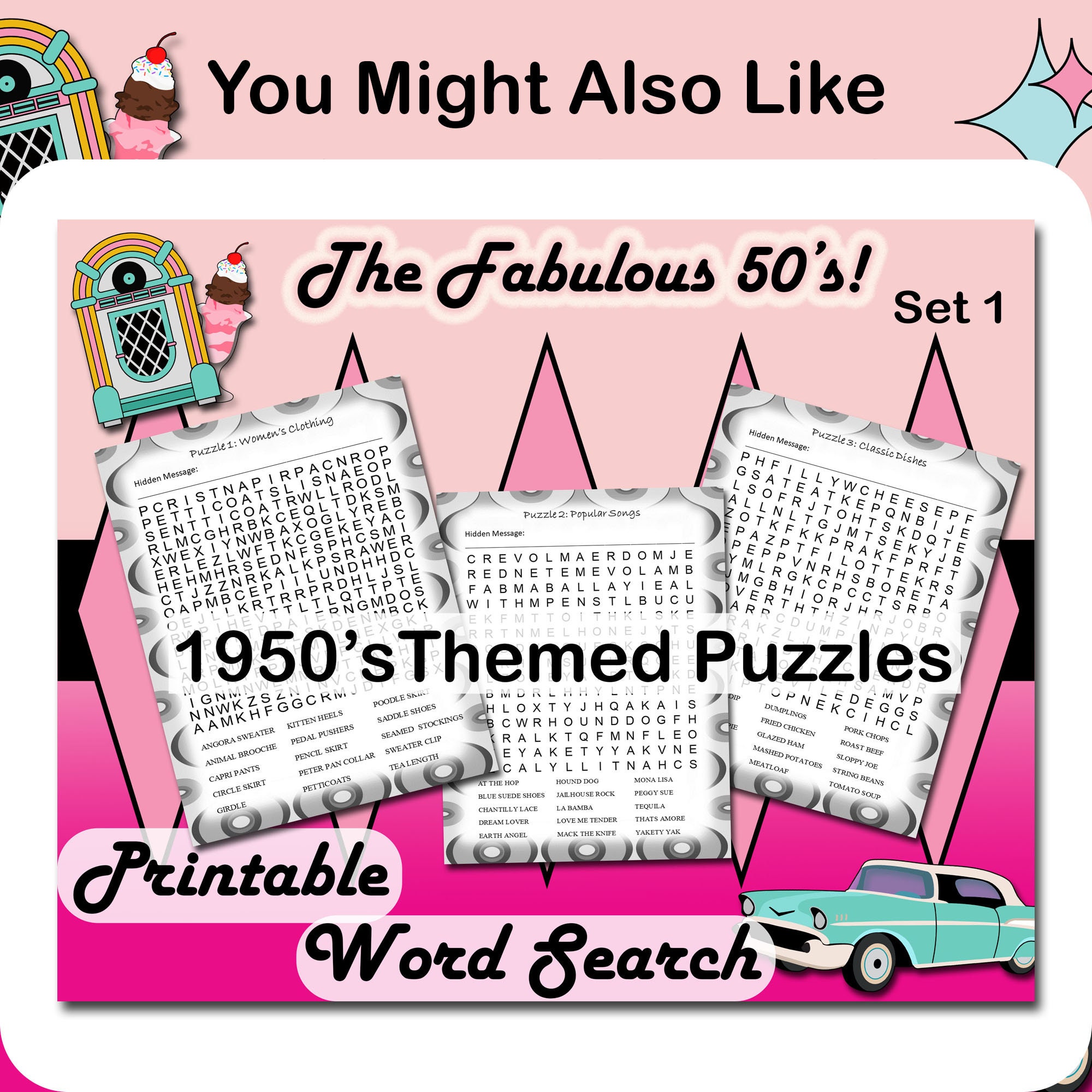 Printable Word Search Fabulous 50's PDF Set 2 20 Puzzles & Answers ...