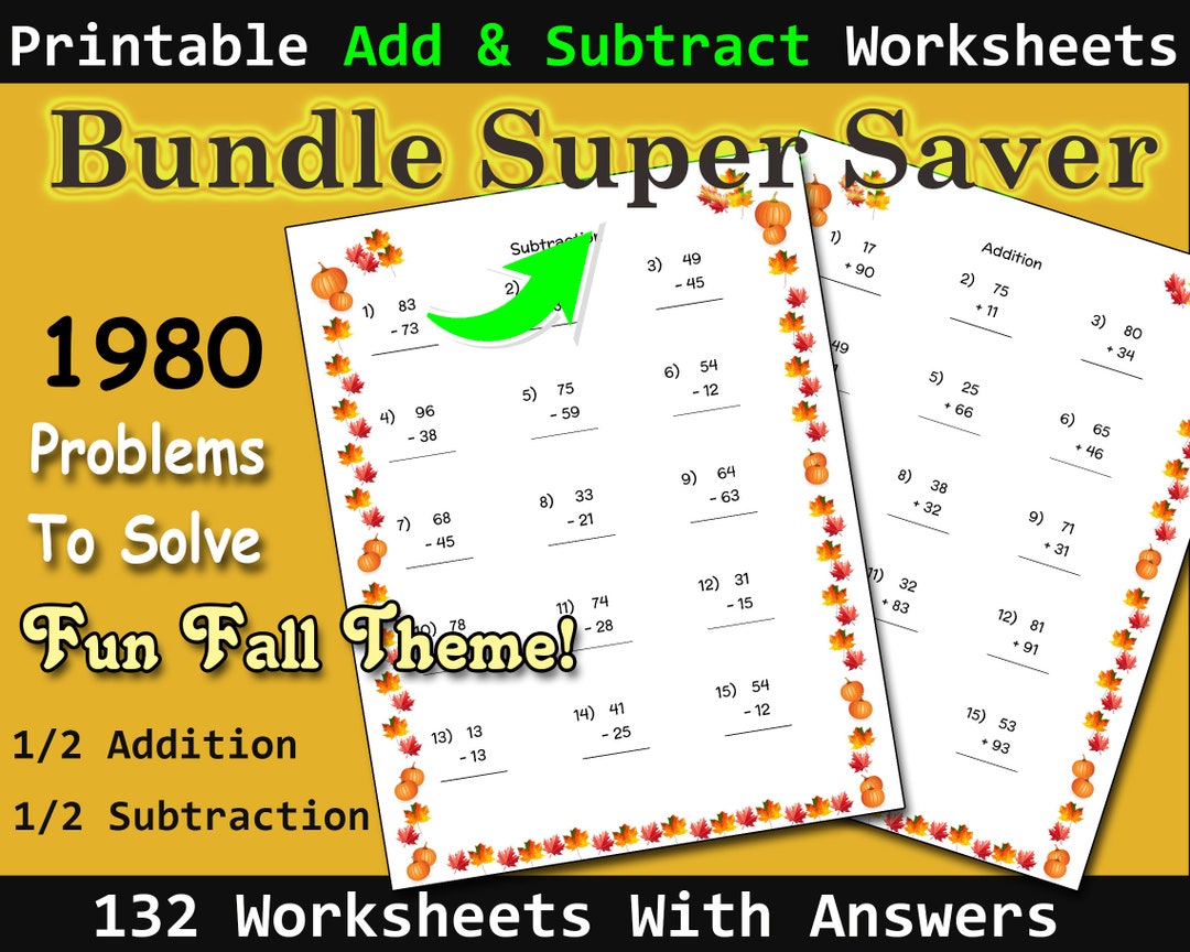Addition and Subtraction Printable Worksheets, Ages 7-9 | Fall Theme ...