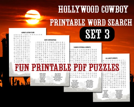 Hollywood Cowboy Printable Word Search PDF Game Set 3 20 - Etsy