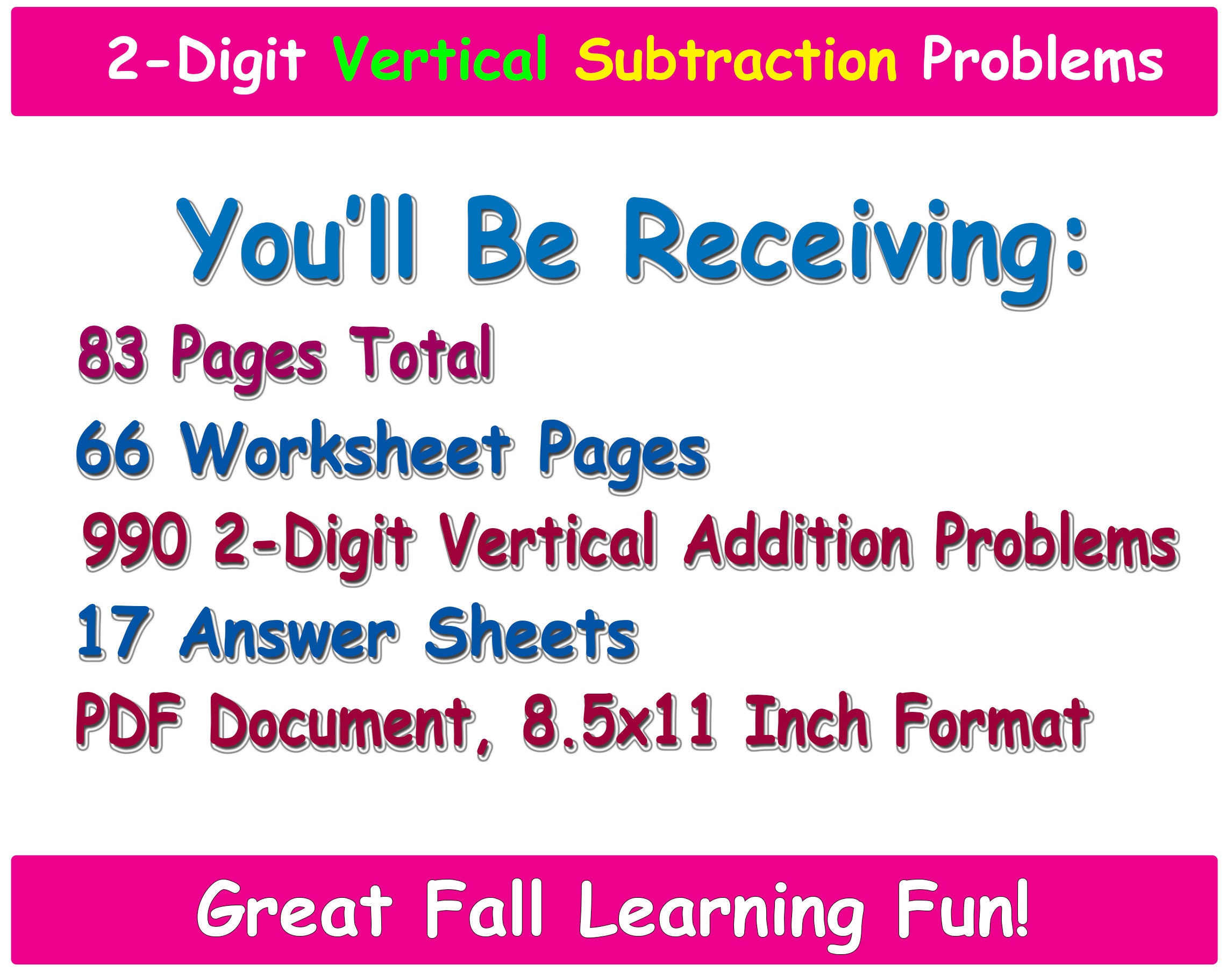 Printable Subtract Worksheets, Ages 7-9 Fall Theme Double Digit Add ...