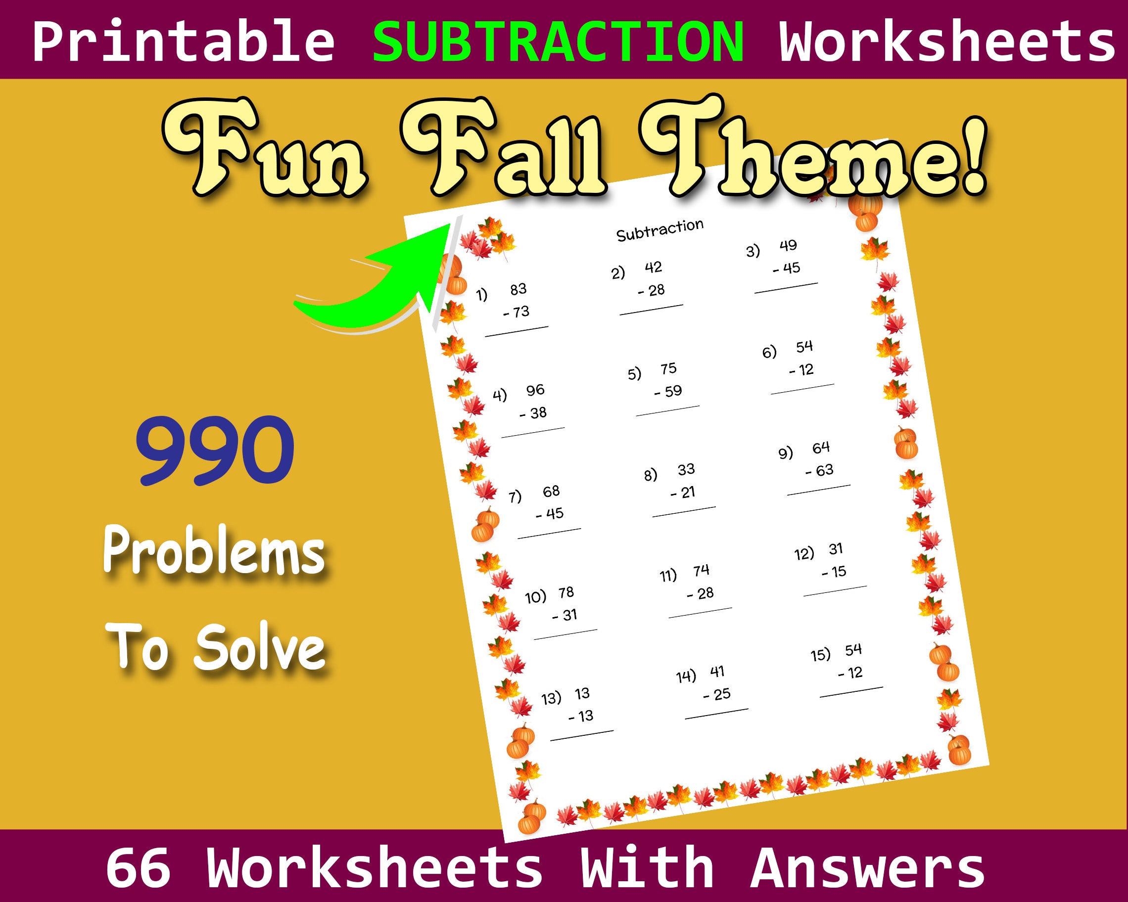 Printable Subtract Worksheets, Ages 7-9 Fall Theme Double Digit Add ...