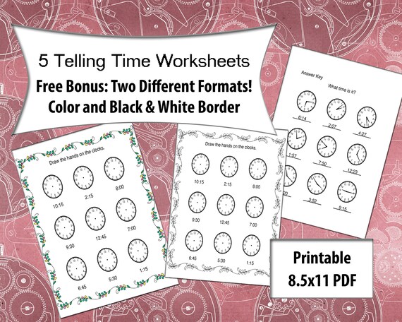 Telling Time Printable Worksheets Color and Black and White | Etsy