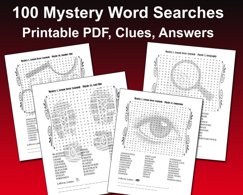 100 Printable Word Search Puzzles | Adults Teens | Mystery Themed ...