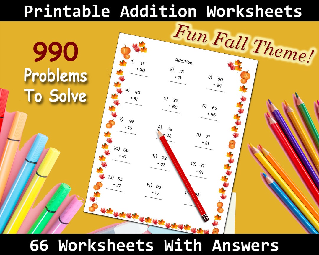 Addition Worksheets, Ages 7-9 | Printable Fall Theme Double Digit Add ...