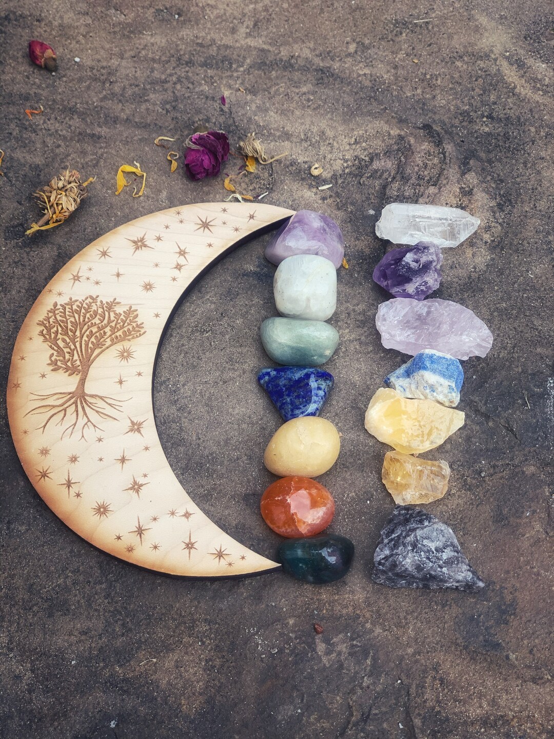 Crystal Grid Board, Chakra Crystal Set, Crescent Moon Crystal Grid ...