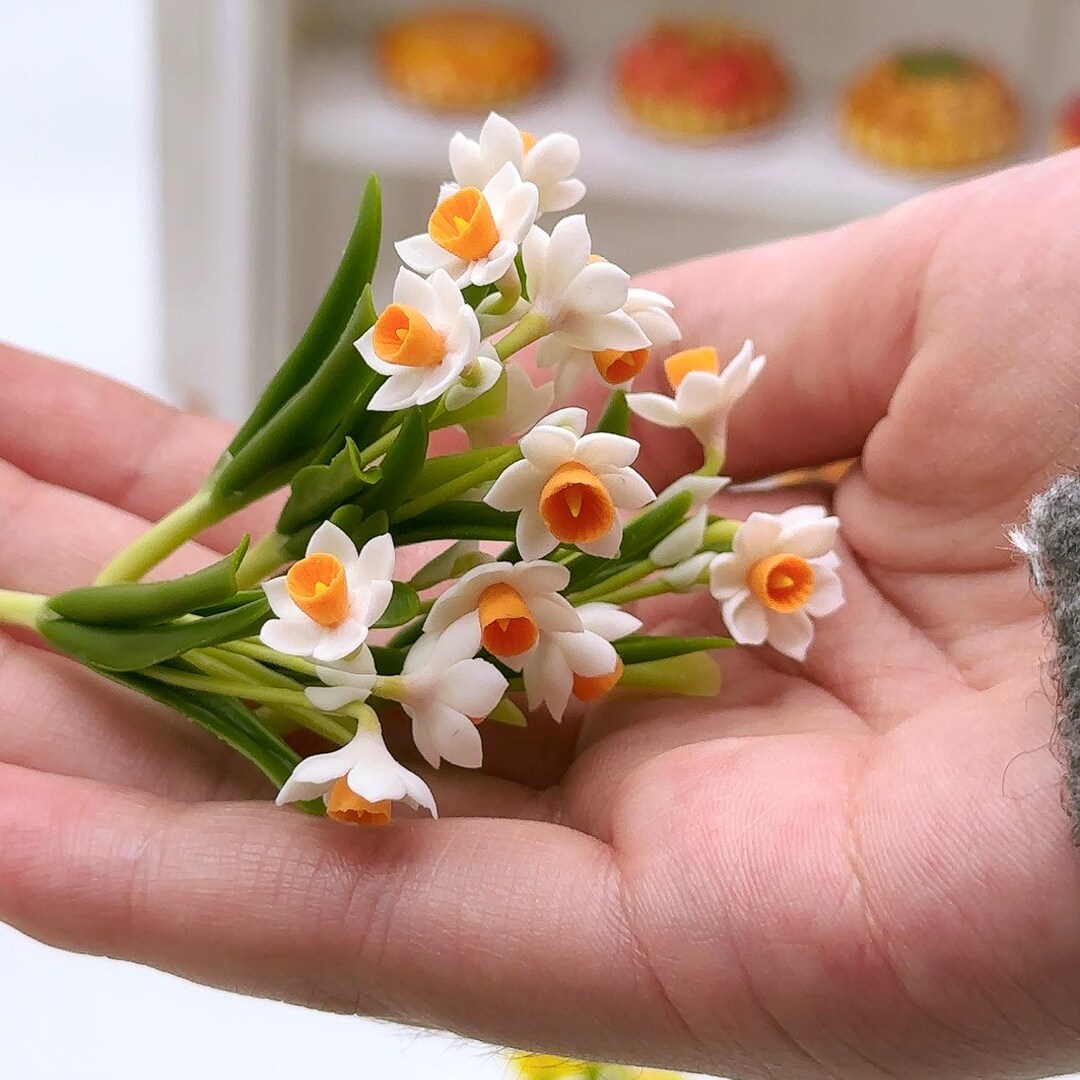 5 Bundles Miniature Daffodil Flower White-orange Made Clay Polymer ...
