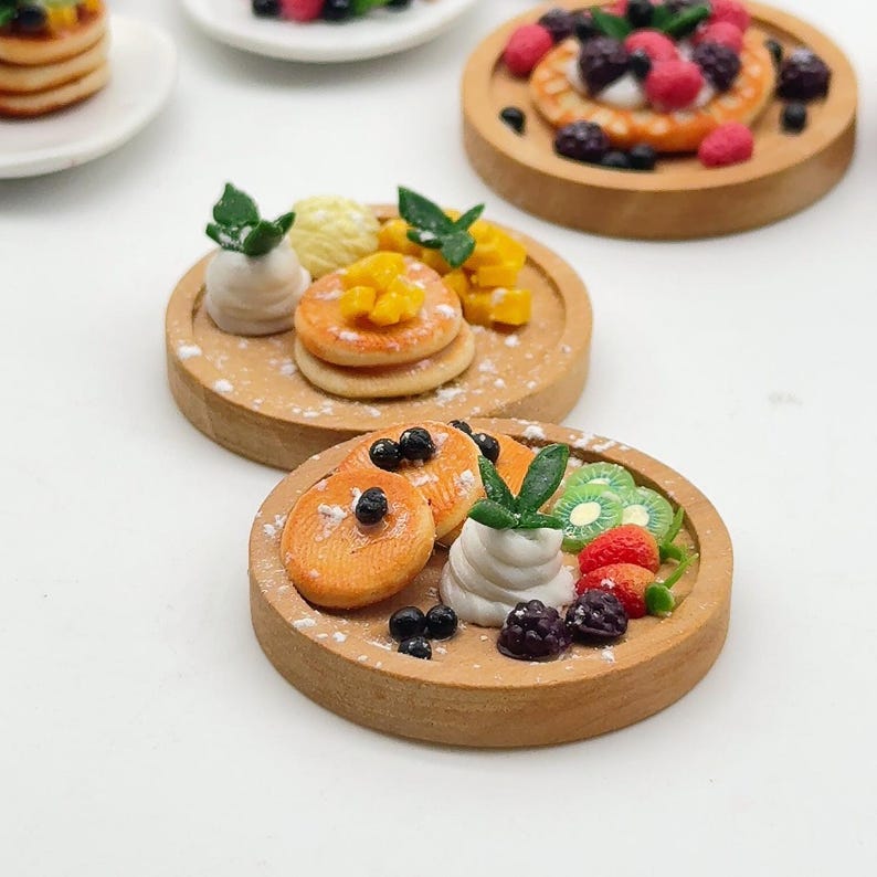2 Set Miniature Pancake With Fruit Made Clay on Wooden Tray, Miniature ...